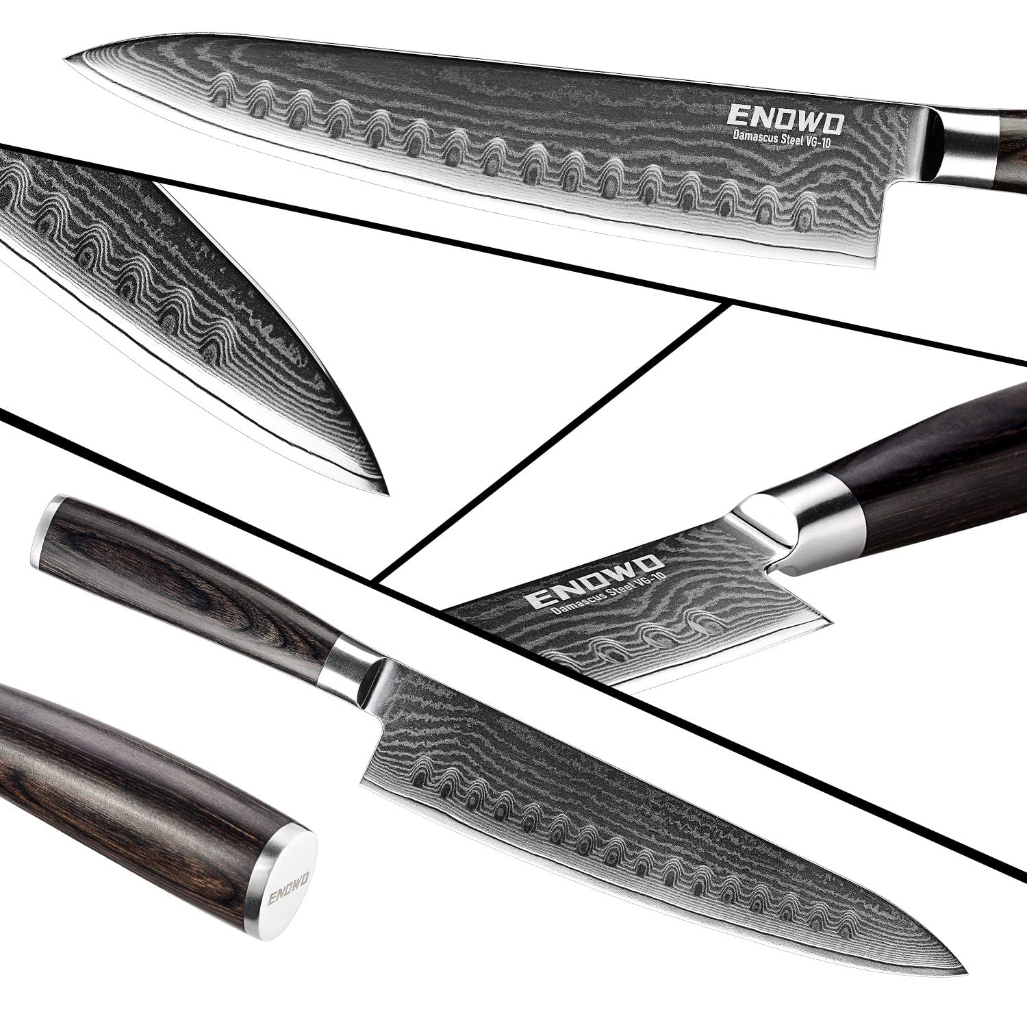 enowo Damascus Chef Knife 8 Inch with Clad Dimple,Razor Sharp Kitchen Carving Sushi Knife Made of Japanese VG-10 Stainless Steel,Gift Box,Ergonomic, Superb Edge Retention