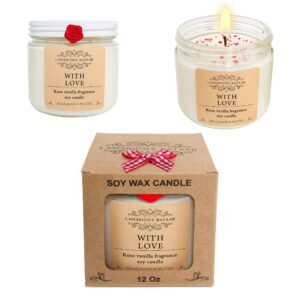 With Love - Rose and Vanilla Fragrance Soy Candle - Unique Large Soy Candle with a Red Rose Decor and red Crystals inside- Boxed