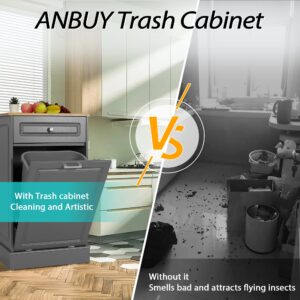 Anbuy Tilt Out Trash Cabinet Can Bin Kitchen Wooden Trash Can Free Standing Holder Recycling Cabinet with Hideaway Drawer Wooden Trash Holder (Grey)