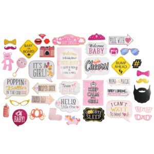 Girl Baby Shower Photo Booth Props - 41-pc Photobooth Kit with 8 x 10-Inch Sign, 60 Adhesive Pads, 45 Sticks - Baby Photo Booth Props Girl - Photo Props for Baby Shower