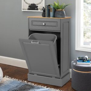 Anbuy Tilt Out Trash Cabinet Can Bin Kitchen Wooden Trash Can Free Standing Holder Recycling Cabinet with Hideaway Drawer Wooden Trash Holder (Grey)