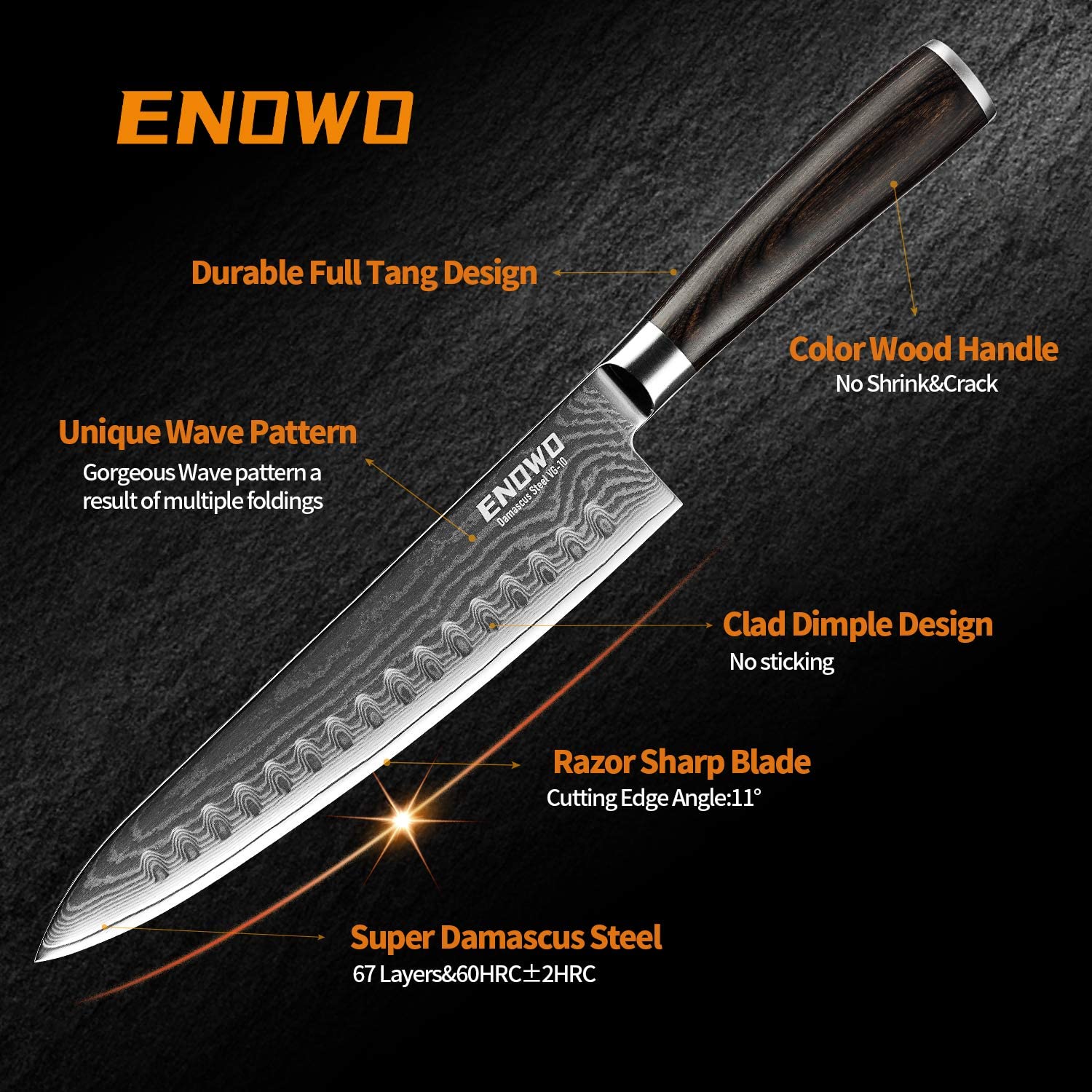 enowo Damascus Chef Knife 8 Inch with Clad Dimple,Razor Sharp Kitchen Carving Sushi Knife Made of Japanese VG-10 Stainless Steel,Gift Box,Ergonomic, Superb Edge Retention