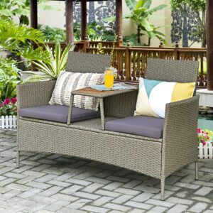 Tangkula Outdoor Rattan Loveseat, Patio 2-Person Wicker Conversation Set w/Cushion, Modern Wicker Sofa Set with Built-in Acacia Wood Tabletop & Storage Space for Backyard Poolside Lawn (Grey)