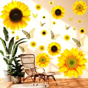 Large Sunflower Wall Stickers - 39 PCS Sunflower Daisy Decals for Wall 3D Butterfly Wall Sticker Sunflower Bathroom Nursery Decor Removable Yellow Flowers Decal for Kitchen Bedroom Decoration