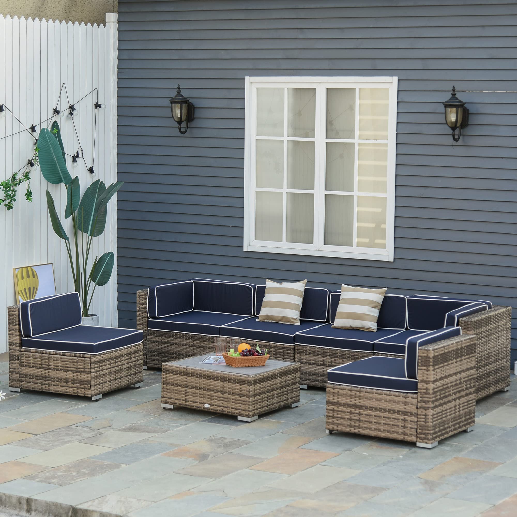 Outsunny 7-Piece Patio Furniture Set, Outdoor Wicker Conversation Set, All Weather PE Rattan Sectional Sofa Set with Cushions and Faux Wood Table, Stripe Pillows, Blue