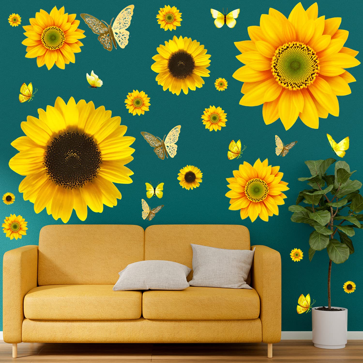 Large Sunflower Wall Stickers - 39 PCS Sunflower Daisy Decals for Wall 3D Butterfly Wall Sticker Sunflower Bathroom Nursery Decor Removable Yellow Flowers Decal for Kitchen Bedroom Decoration