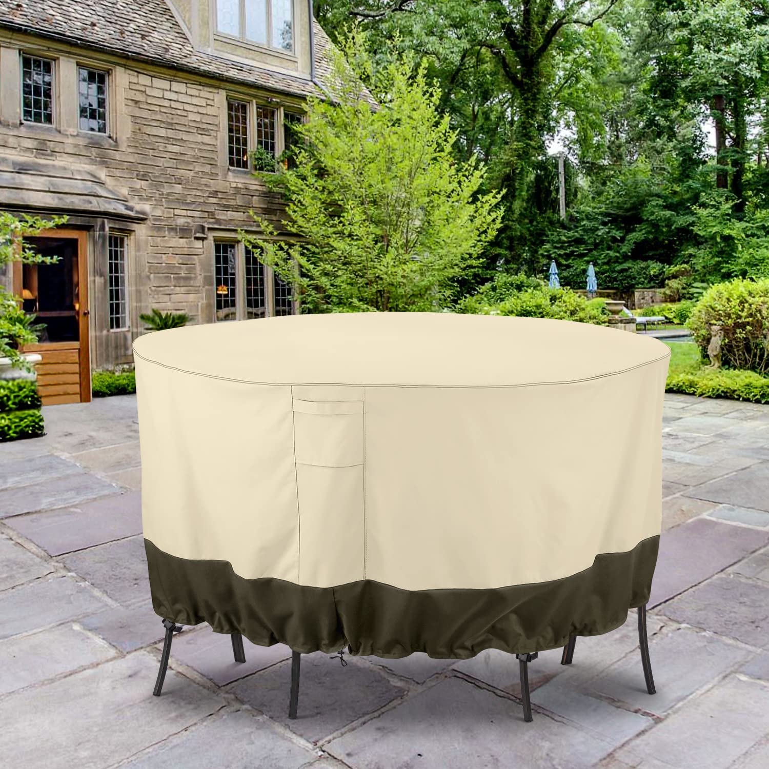 Patio Furniture Covers for Small Table Chairs Set, Outdoor Furniture Cover Waterproof, UV Resistant Anti-Fading Cover Outdoor Fire Pit Table Cover, Beige and Olive, 62 inch Diameter