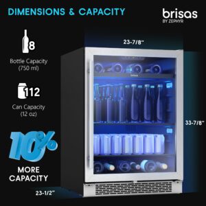 Zephyr Brisas 24 Inch Wine Fridge Single Zone Under Counter - Beverage and Wine Cooler Drink Refrigerator for Home with Glass Door 8 Bottles 112 cans