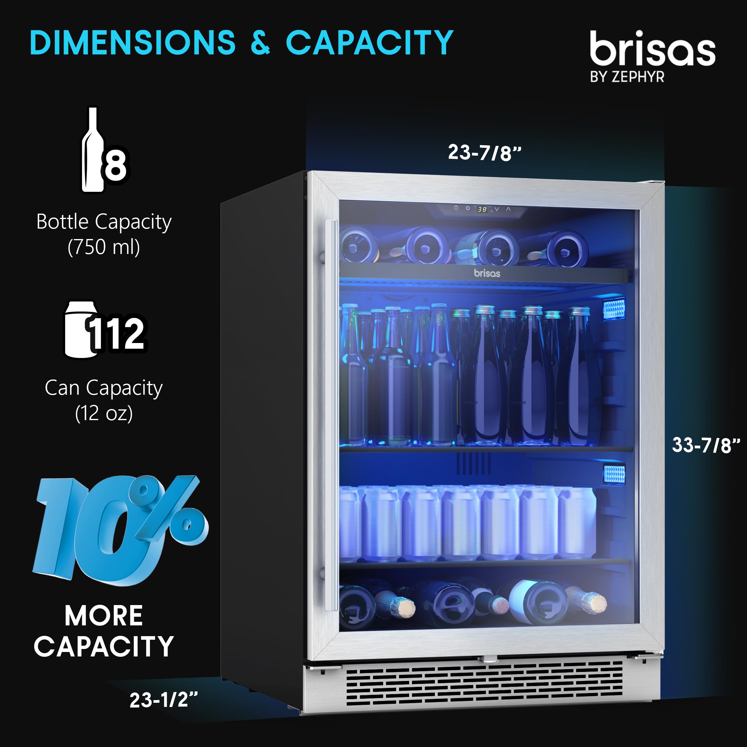 Zephyr Brisas 24 Inch Wine Fridge Single Zone Under Counter - Beverage and Wine Cooler Drink Refrigerator for Home with Glass Door 8 Bottles 112 cans