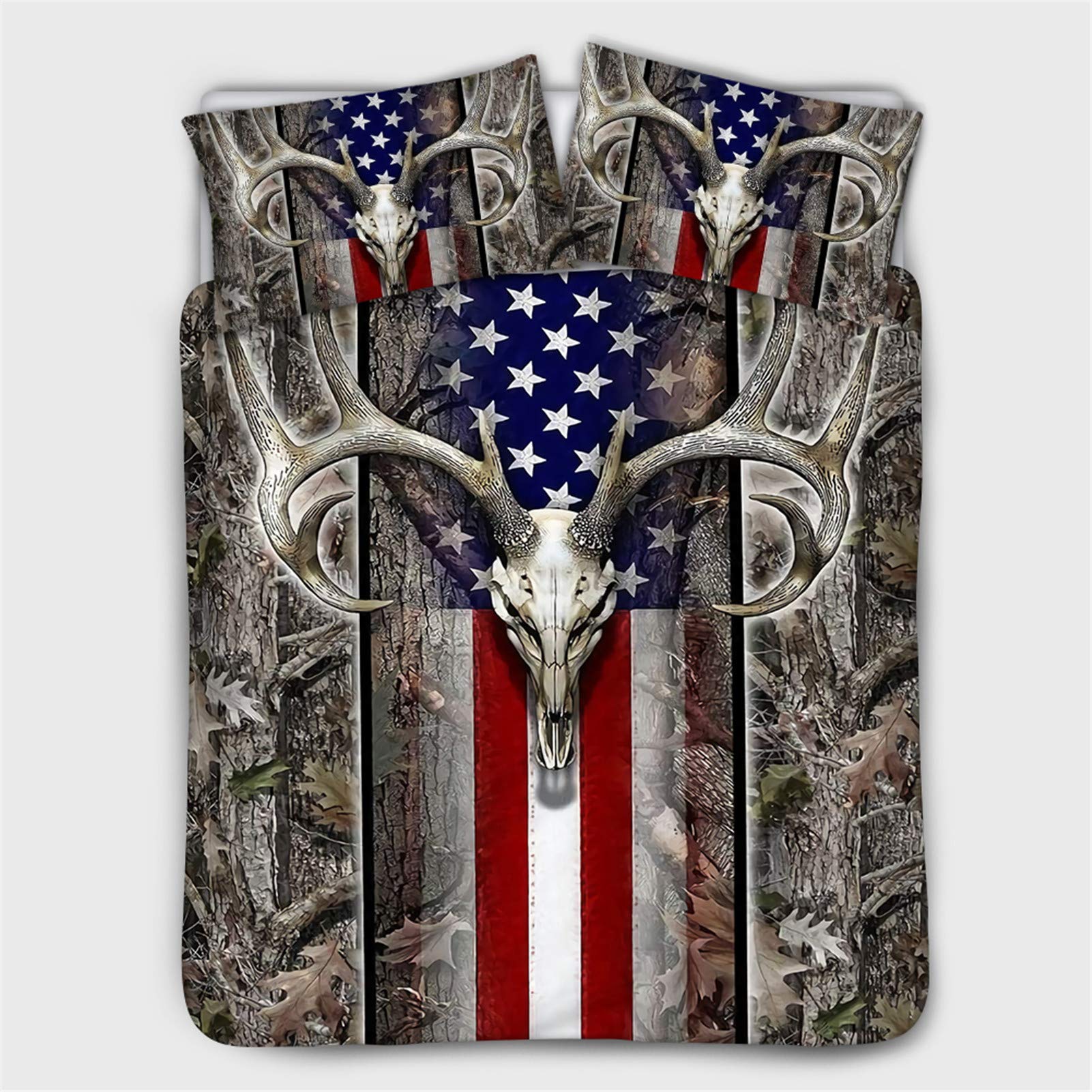 SEANATIVE Quilts Cover Gray Comforter Covers with Pillow Case for Boys Mens American Flag Wood Deer Skull Camo Bedding Set Dormroom Beige Lining Queen Size 88x88inches