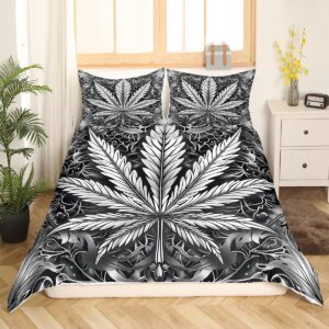 marijuana weed leaf bedding set full size psychedelic cannabis leaves duvet cover hippie marijuana weed green leaf comforter cover grey trippy hemp bed set quilt cover 3pcs (no comforter)