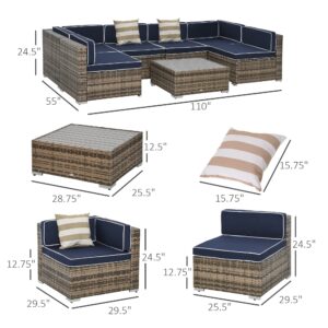 Outsunny 7-Piece Patio Furniture Set, Outdoor Wicker Conversation Set, All Weather PE Rattan Sectional Sofa Set with Cushions and Faux Wood Table, Stripe Pillows, Blue