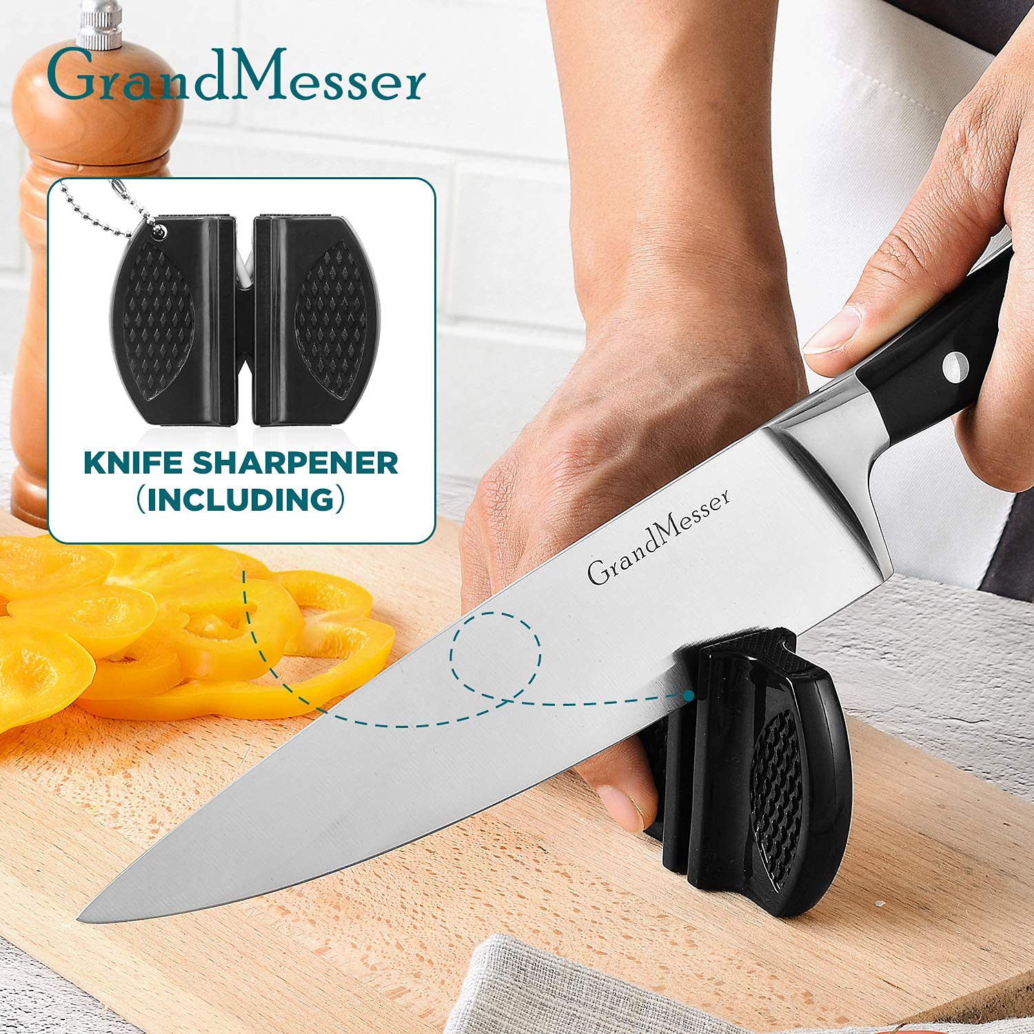 GrandMesser Chef Knife, 8 Inch Professional Kitchen Knife, High Carbon Steel Ultra Sharp Chef's Knife, with Ergonomic ABS Handle Triple-riveted and Gift Box.