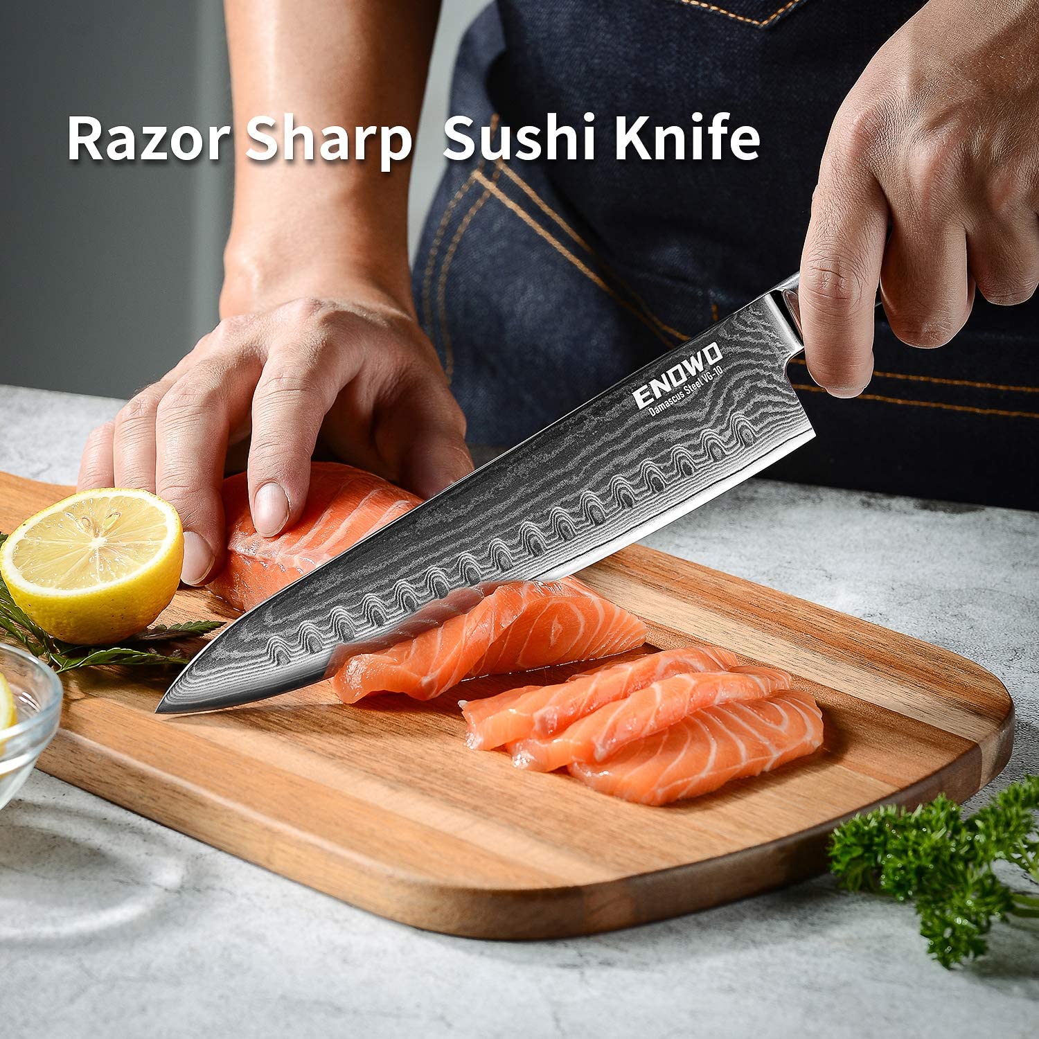 enowo Damascus Chef Knife 8 Inch with Clad Dimple,Razor Sharp Kitchen Carving Sushi Knife Made of Japanese VG-10 Stainless Steel,Gift Box,Ergonomic, Superb Edge Retention