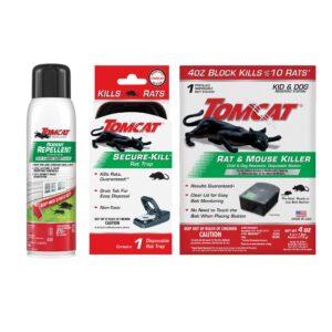 tomcat rat bundle, treats rats, includes secure-kill trap, disposable station with bait block, and repellent spray