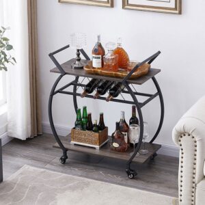 LVB Bar Cart with Wine Rack, 2 Tier Kitchen Cart on Wheels, Industrial Wood and Metal Portable Coffee Cart Table for Home, Rustic Modern Mobile Rustic Rolling Serving Cart with Shelves, Dark Oak