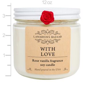 With Love - Rose and Vanilla Fragrance Soy Candle - Unique Large Soy Candle with a Red Rose Decor and red Crystals inside- Boxed