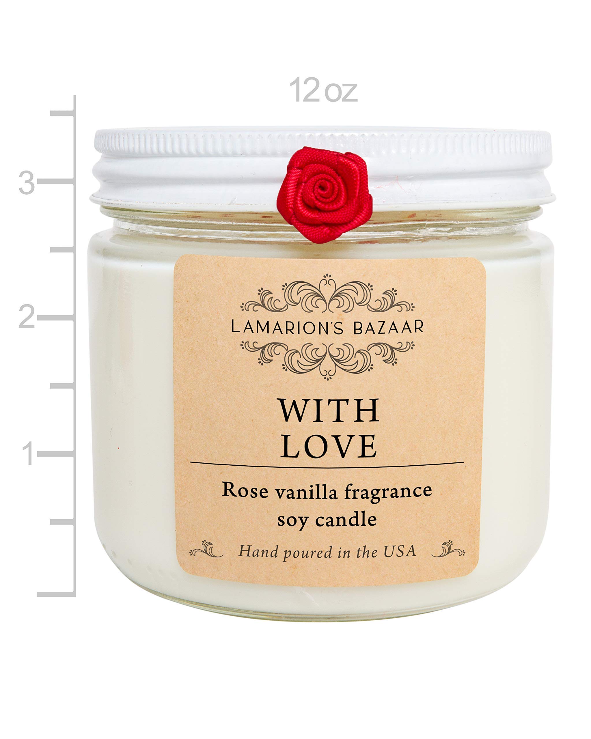 With Love - Rose and Vanilla Fragrance Soy Candle - Unique Large Soy Candle with a Red Rose Decor and red Crystals inside- Boxed