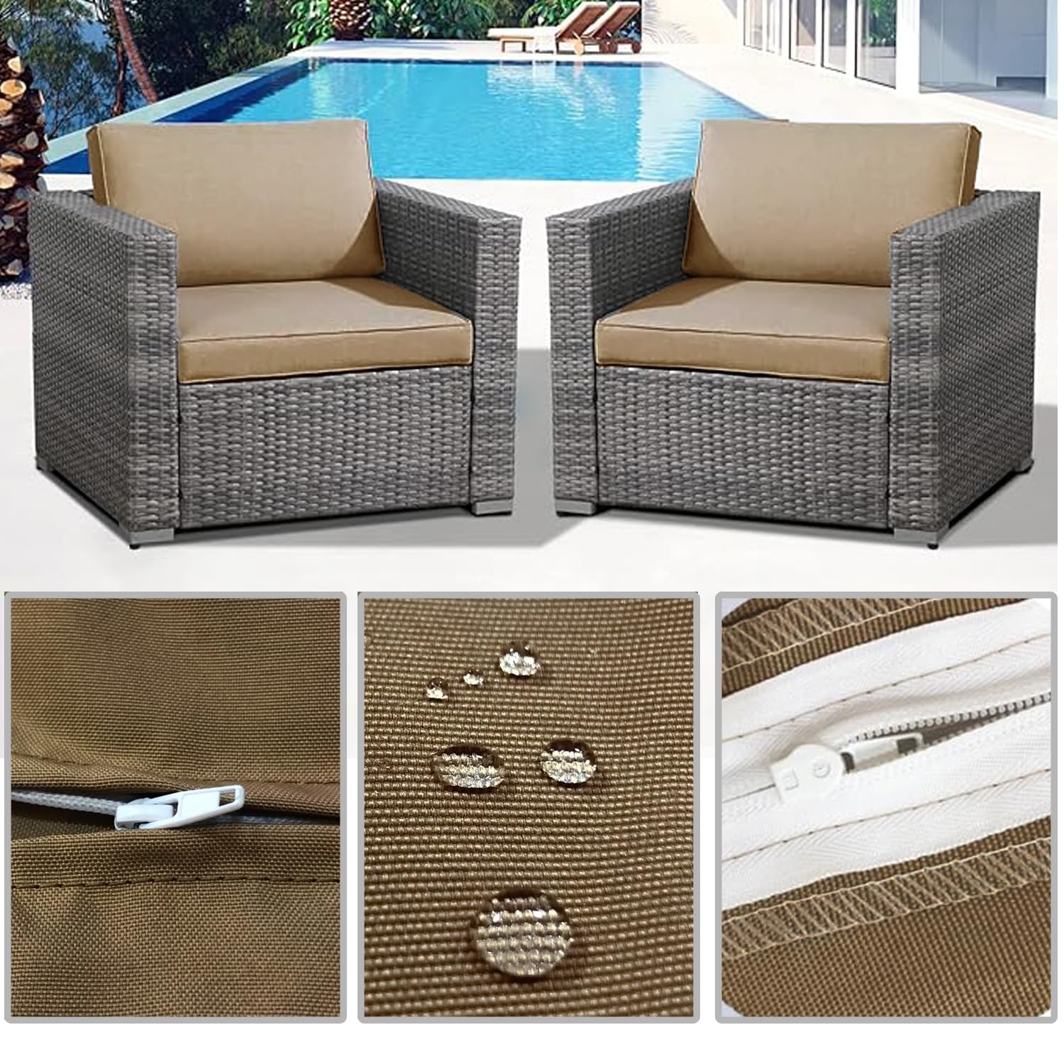 FLYMEI Patio Cushion Covers 24x22x4 Waterproof Outdoor Cushion Cover Replacement 4Packs Outdoor Seat Cushion Slipcover for Outdoor Rattan Chair Sofa, Taupe