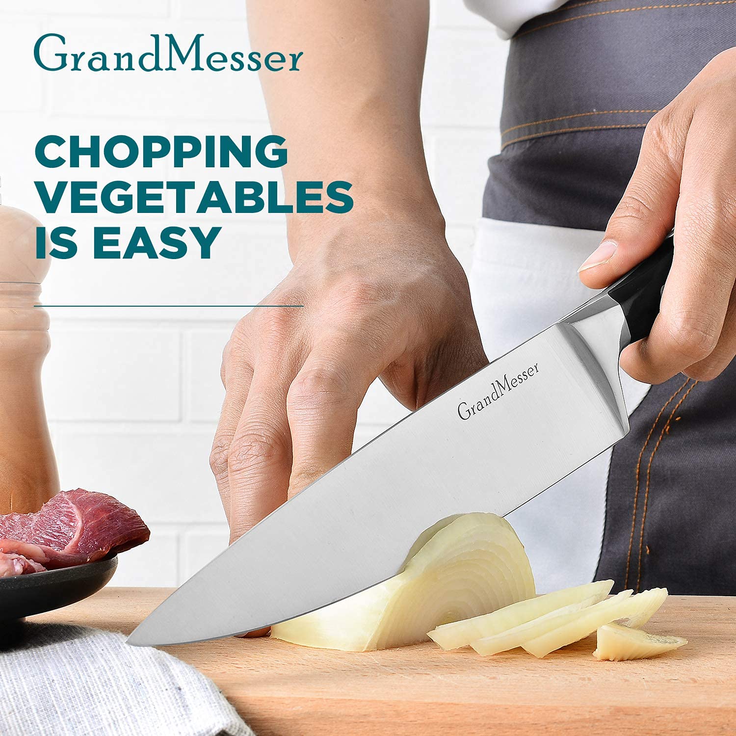 GrandMesser Chef Knife, 8 Inch Professional Kitchen Knife, High Carbon Steel Ultra Sharp Chef's Knife, with Ergonomic ABS Handle Triple-riveted and Gift Box.