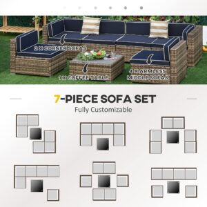 Outsunny 7-Piece Patio Furniture Set, Outdoor Wicker Conversation Set, All Weather PE Rattan Sectional Sofa Set with Cushions and Faux Wood Table, Stripe Pillows, Blue