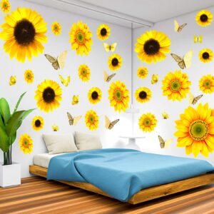 large sunflower wall stickers - 39 pcs sunflower daisy decals for wall 3d butterfly wall sticker sunflower bathroom nursery decor removable yellow flowers decal for kitchen bedroom decoration