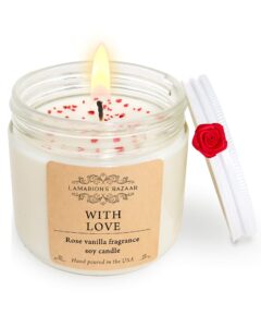 with love - rose and vanilla fragrance soy candle - unique large soy candle with a red rose decor and red crystals inside- boxed