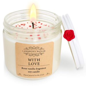 With Love - Rose and Vanilla Fragrance Soy Candle - Unique Large Soy Candle with a Red Rose Decor and red Crystals inside- Boxed