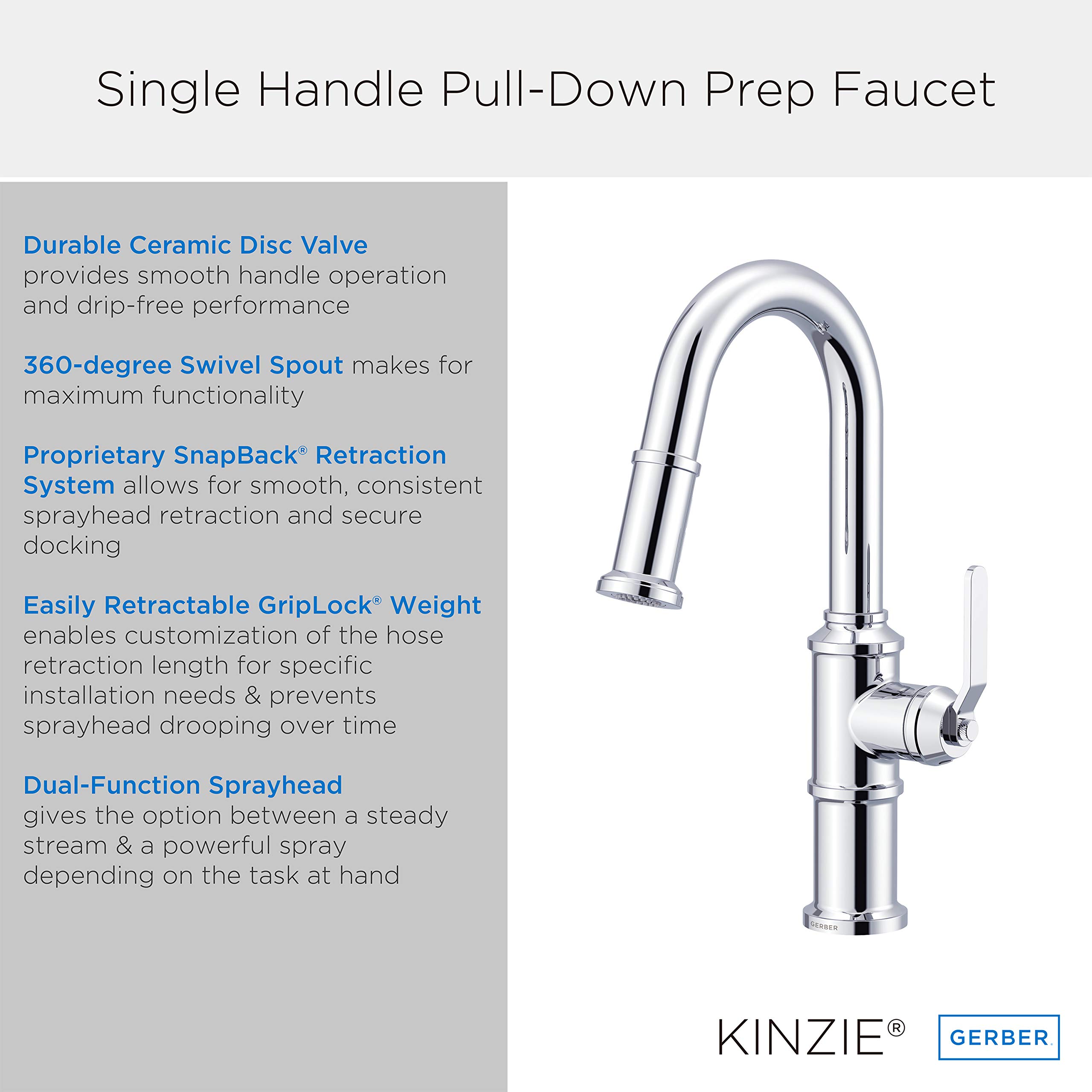 Gerber Kinzie Single Handle Pull Down Sprayer Prep Faucet in Stainless Steel, D150537SS