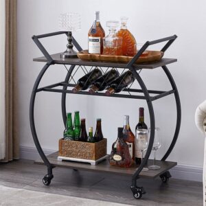 LVB Bar Cart with Wine Rack, 2 Tier Kitchen Cart on Wheels, Industrial Wood and Metal Portable Coffee Cart Table for Home, Rustic Modern Mobile Rustic Rolling Serving Cart with Shelves, Dark Oak