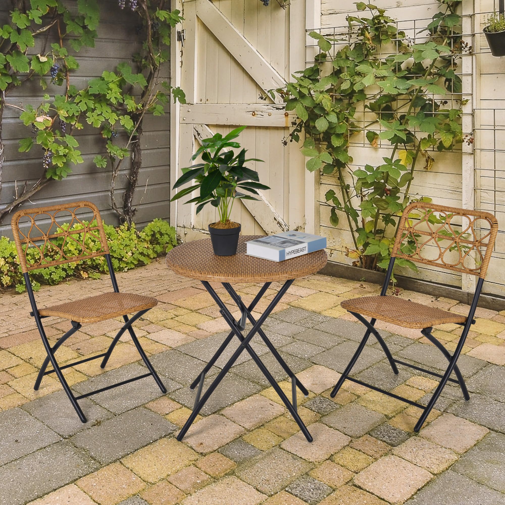 Outsunny 3 Pieces Wicker Outdoor Bistro Set, Folding Rattan Patio Furniture Set with Coffee Table and Porch Chairs for Backyard, Balcony, Garden, Natural