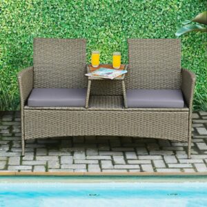 Tangkula Outdoor Rattan Loveseat, Patio 2-Person Wicker Conversation Set w/Cushion, Modern Wicker Sofa Set with Built-in Acacia Wood Tabletop & Storage Space for Backyard Poolside Lawn (Grey)