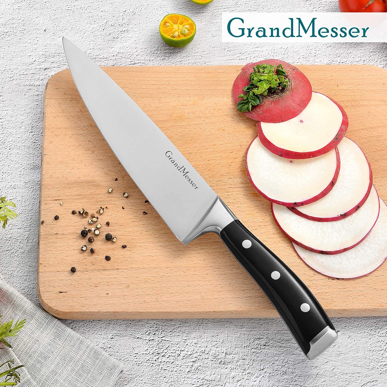 GrandMesser Chef Knife, 8 Inch Professional Kitchen Knife, High Carbon Steel Ultra Sharp Chef's Knife, with Ergonomic ABS Handle Triple-riveted and Gift Box.