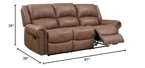 Madrona Burke Nova Brown 87" Sofa with Dual Recliners, Nailhead Trim, and Pillow Back