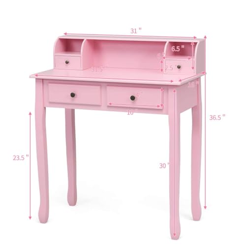 Giantex Writing Desk with 4 Drawers, Removable Floating Organizer 2-Tier Mission Home Computer Vanity Desk for Apartment Small Space (Pink)