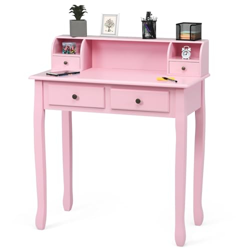 Giantex Writing Desk with 4 Drawers, Removable Floating Organizer 2-Tier Mission Home Computer Vanity Desk for Apartment Small Space (Pink)