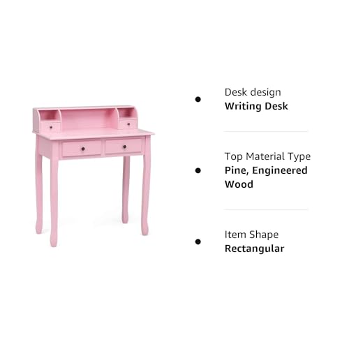 Giantex Writing Desk with 4 Drawers, Removable Floating Organizer 2-Tier Mission Home Computer Vanity Desk for Apartment Small Space (Pink)