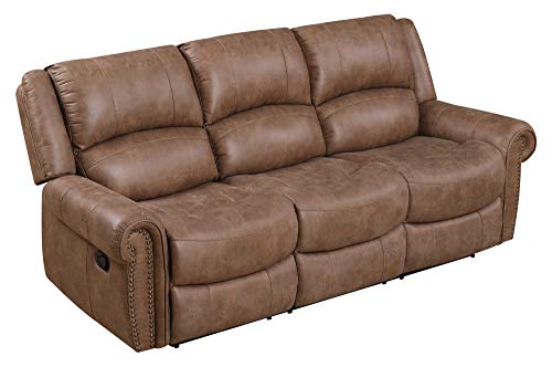 Madrona Burke Nova Brown 87" Sofa with Dual Recliners, Nailhead Trim, and Pillow Back