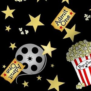 Spoonflower Fabric - VIP Night Theater Popcorn Black Yellow Stars Red Gold Novelty Printed on Petal Signature Cotton Fabric Fat Quarter - Sewing Quilting Apparel Crafts Decor