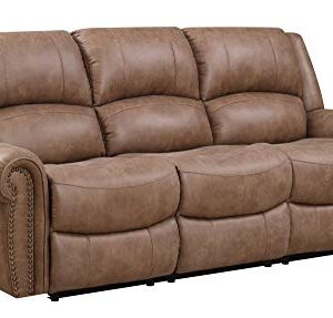 Madrona Burke Nova Brown 87" Sofa with Dual Recliners, Nailhead Trim, and Pillow Back