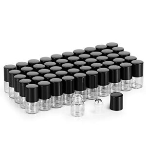 50 pack 1ml clear glass sample vials for essential oils,empty glass roller bottle with stainless steel roller ball 1/4 dram glass vials perfume roll on container-funnel,opener,dropper included