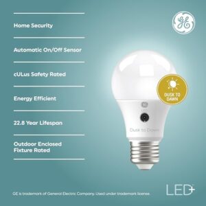 GE LED+ A19 Dusk to Dawn LED Light Bulb, Automatic On/Off Outdoor Security Light, Daylight (2 Pack)