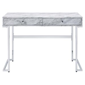 Acme Tigress Faux Marble Top Writing Desk with 2 Drawers in White and Chrome