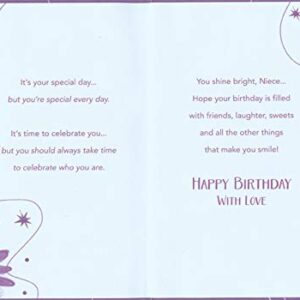 Designer Greetings Purple Flowers and Glitter Bursts on Yellow Birthday Card for Teen : Teenage Niece