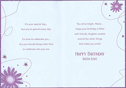 Designer Greetings Purple Flowers and Glitter Bursts on Yellow Birthday Card for Teen : Teenage Niece