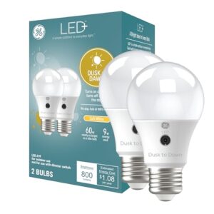 ge led+ a19 dusk to dawn led light bulb, automatic on/off outdoor security light, daylight (2 pack)