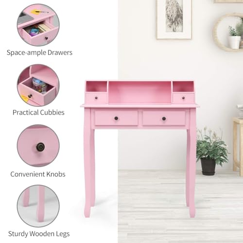 Giantex Writing Desk with 4 Drawers, Removable Floating Organizer 2-Tier Mission Home Computer Vanity Desk for Apartment Small Space (Pink)