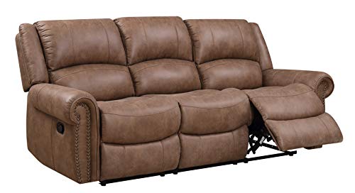 Madrona Burke Nova Brown 87" Sofa with Dual Recliners, Nailhead Trim, and Pillow Back