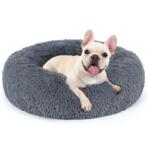 rabbitgoo dog bed for small dogs, 24 inches washable small dog bed, fluffy donut dog bed anti-slip, calming soft plush round pet bed for dogs, fits up to 18 lbs pets, dark grey