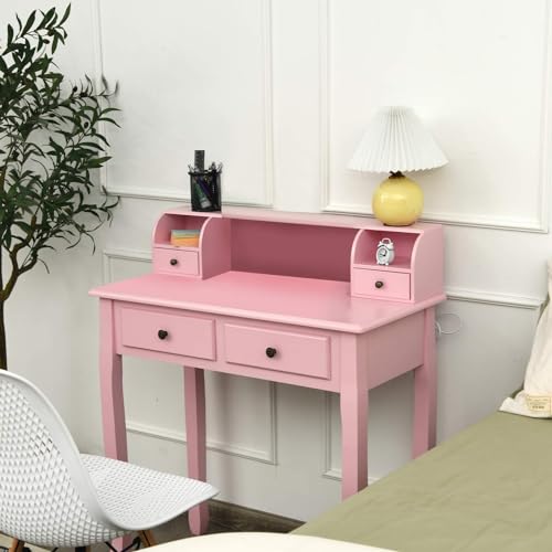 Giantex Writing Desk with 4 Drawers, Removable Floating Organizer 2-Tier Mission Home Computer Vanity Desk for Apartment Small Space (Pink)